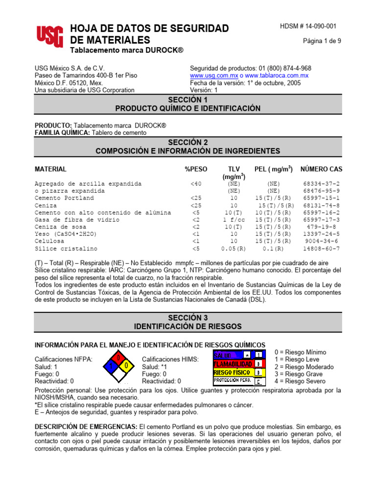 Durock Cement Board Msds Es Mex 14 090 001 | PDF