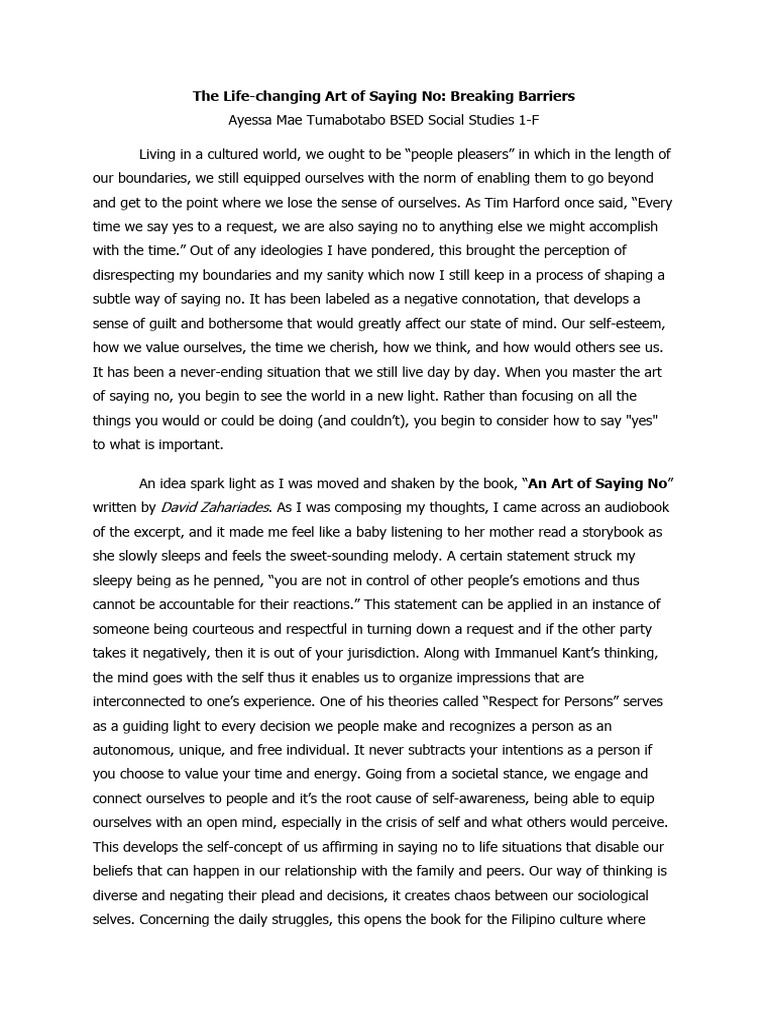 The Life Changing Art of Saying No Theory-Tumabotabo Ayessa Mae | PDF | Self Concept ...