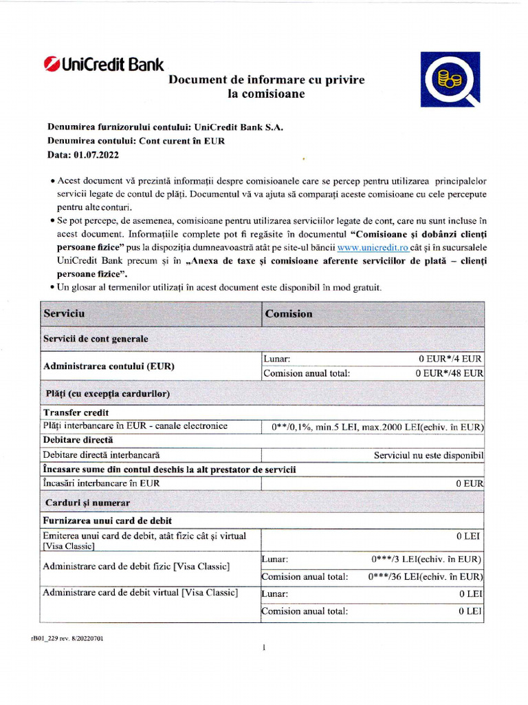 Document de Informare Cu Privire La Comisioane - Euro | PDF