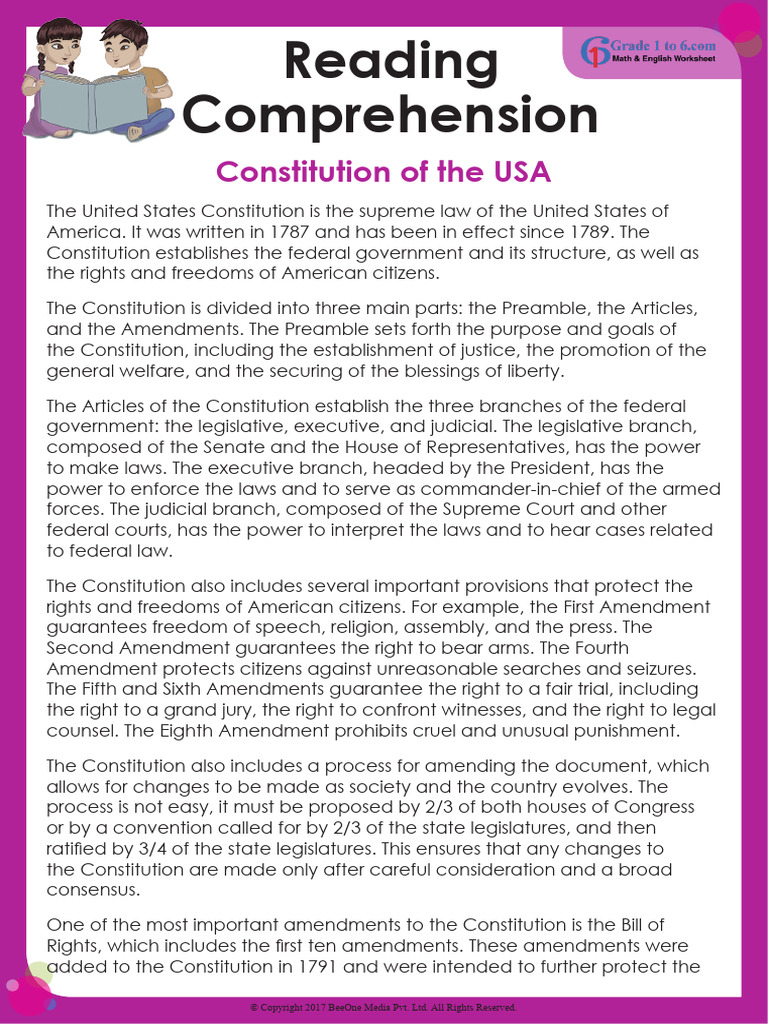 Reading Comprehension - Constitution of The USA | PDF | Second ...