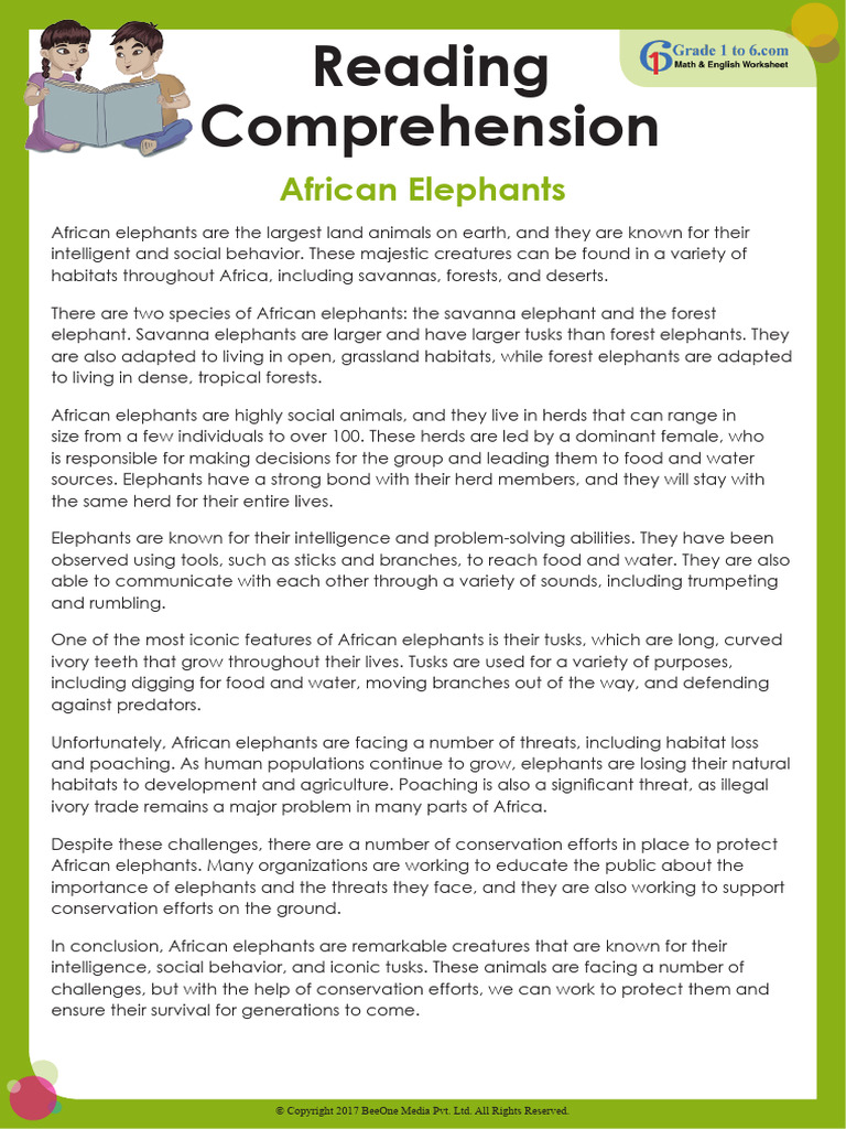 Reading Comprehension - African Elephants | PDF | Elephant ...