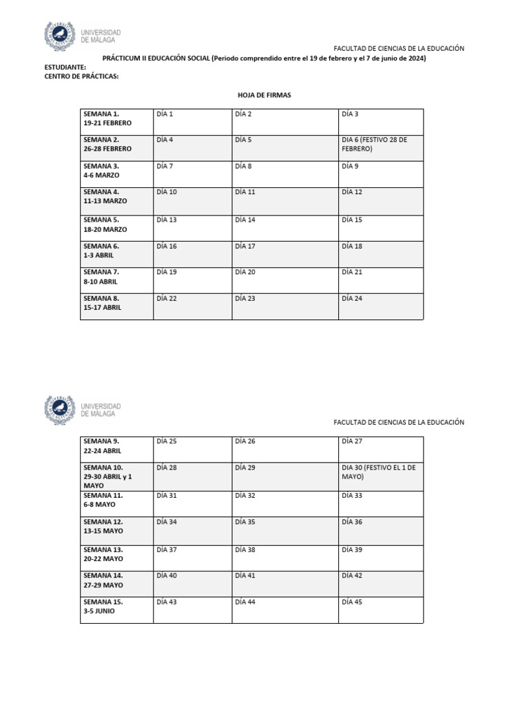 Calendario Prácticum II Educación Social | PDF