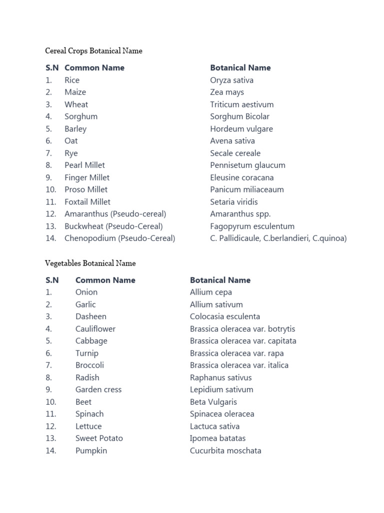 Cereal Crops Botanical Name | PDF | Cucurbita | Vegan Cuisine