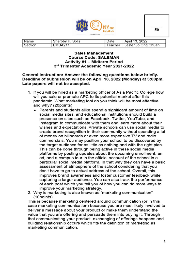 Saleman Act1 Midterm Ss | PDF | Marketing | Customer
