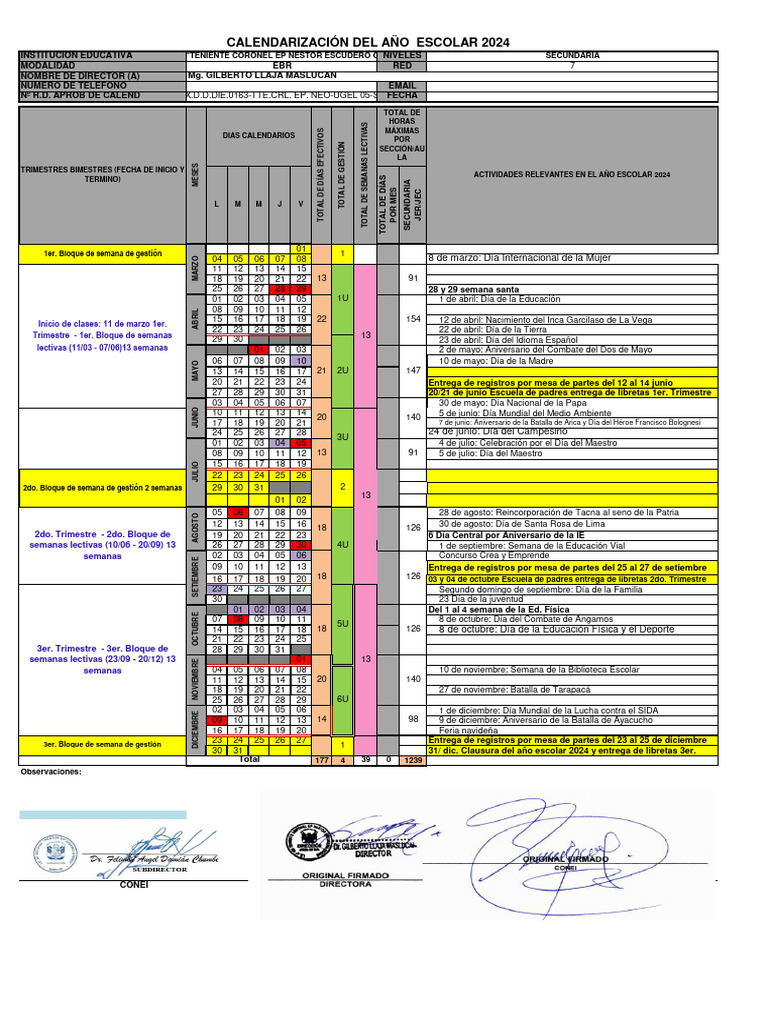 CALENDARIZACION_2024 NEO - RM 587-2023-MINEDU | PDF | Días festivos | Observancias