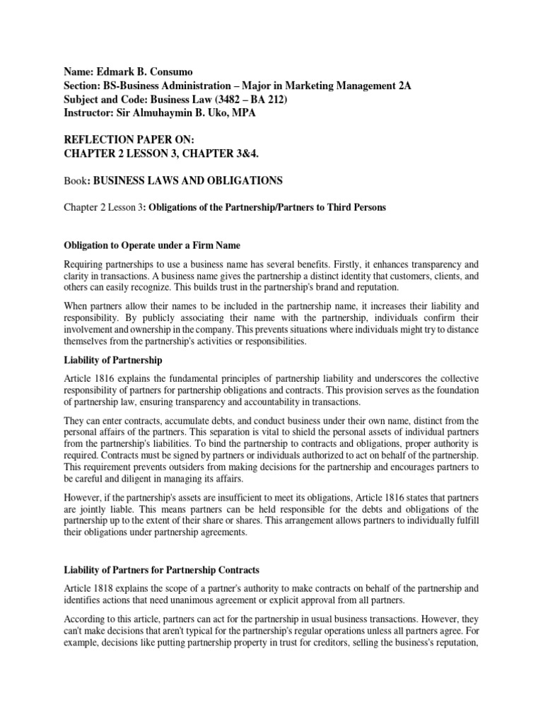 Reflection Paper On Business Law in Chapter 2,3,4 EDMARK B CONSUMO ...