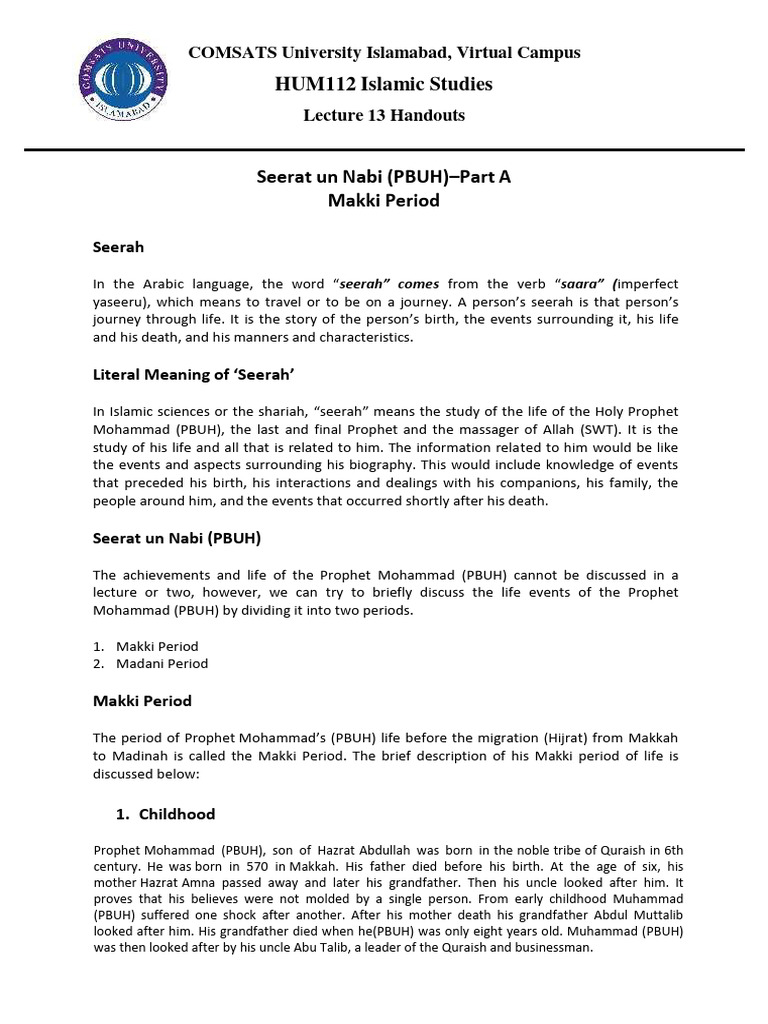 HUM112 Handouts Lecture13 | PDF | Muhammad | Prophets And Messengers In ...