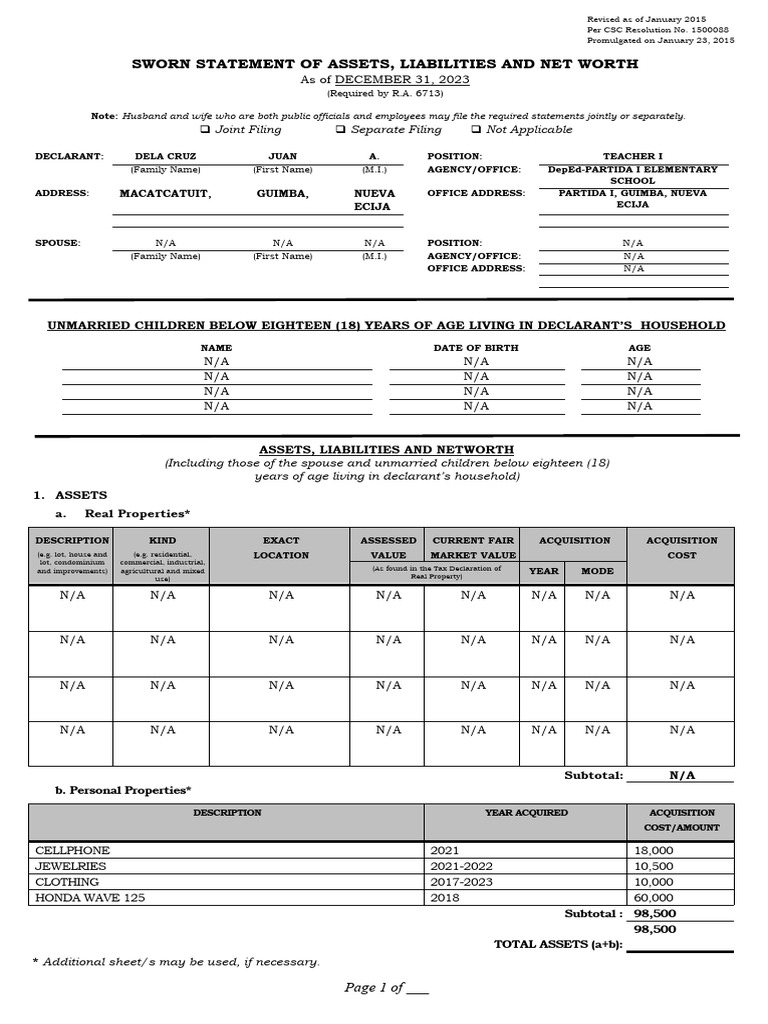 Sample Saln | PDF | Net Worth | Economies