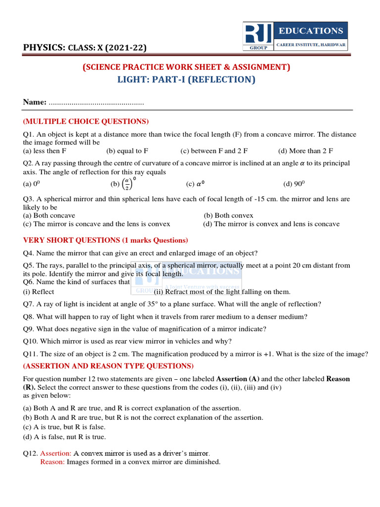 Worksheet Light (Reflection) C-x | PDF | Mirror | Optics