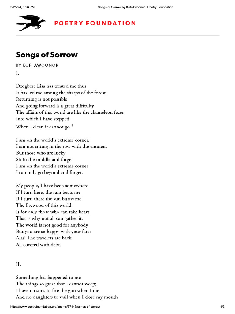 Songs of Sorrow by Kofi Awoonor - Poetry Foundation | PDF | Computers