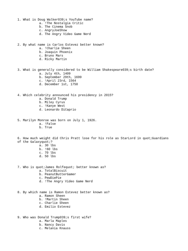 Celebrity Trivia Quiz Questions | PDF