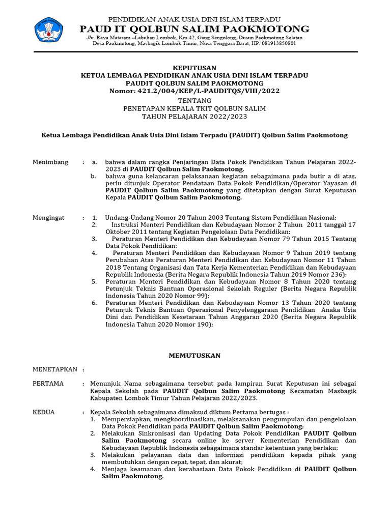 SK Kepala Sekolah Baru Mif | PDF