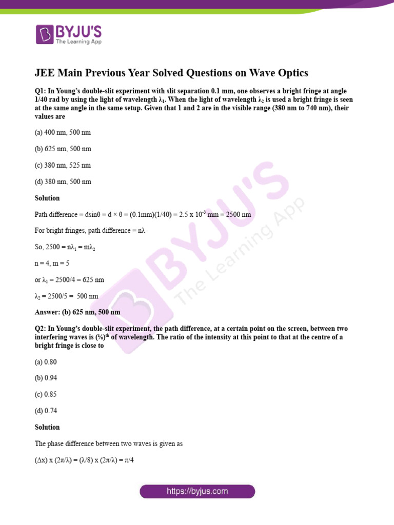 JEE Main Wave Optics Previous Year Questions With Solutions PDF | PDF | Wavelength | Diffraction