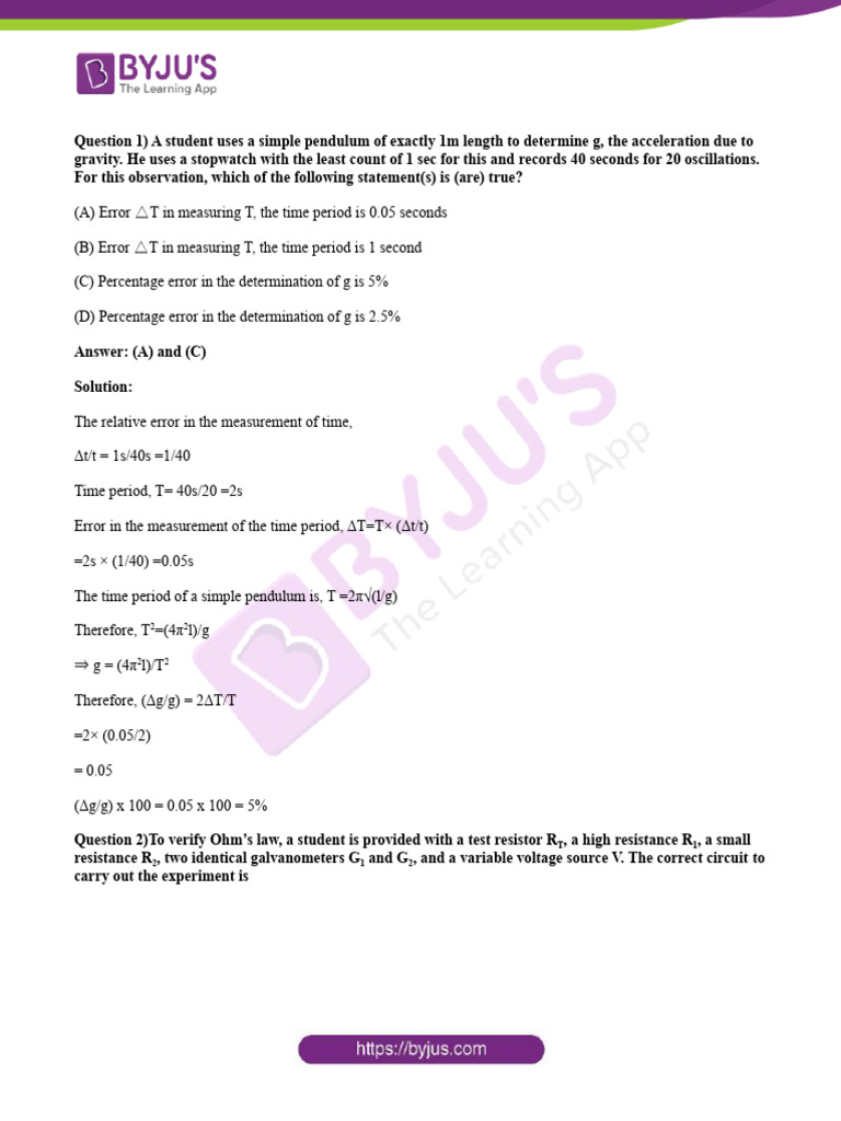 JEE Advanced Previous Year Questions With Solutions On Error in Measurement Instruments PDF ...