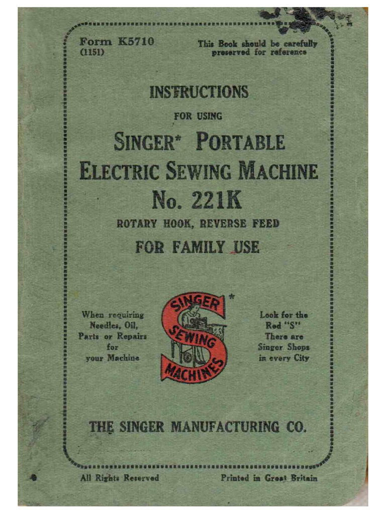 Singer 221K Sewing Machine Instruction Manual | PDF