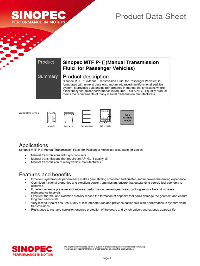 Sinopec MTF P-II for Passenger Vehicles | PDF | Viscosity | Manual Transmission