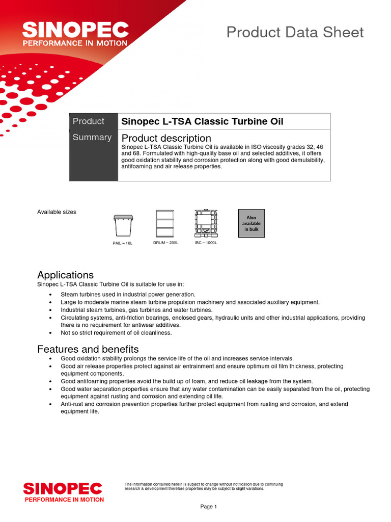 Sinopec Turbine Oil Data Sheet | PDF | Motor Oil | Gas Turbine