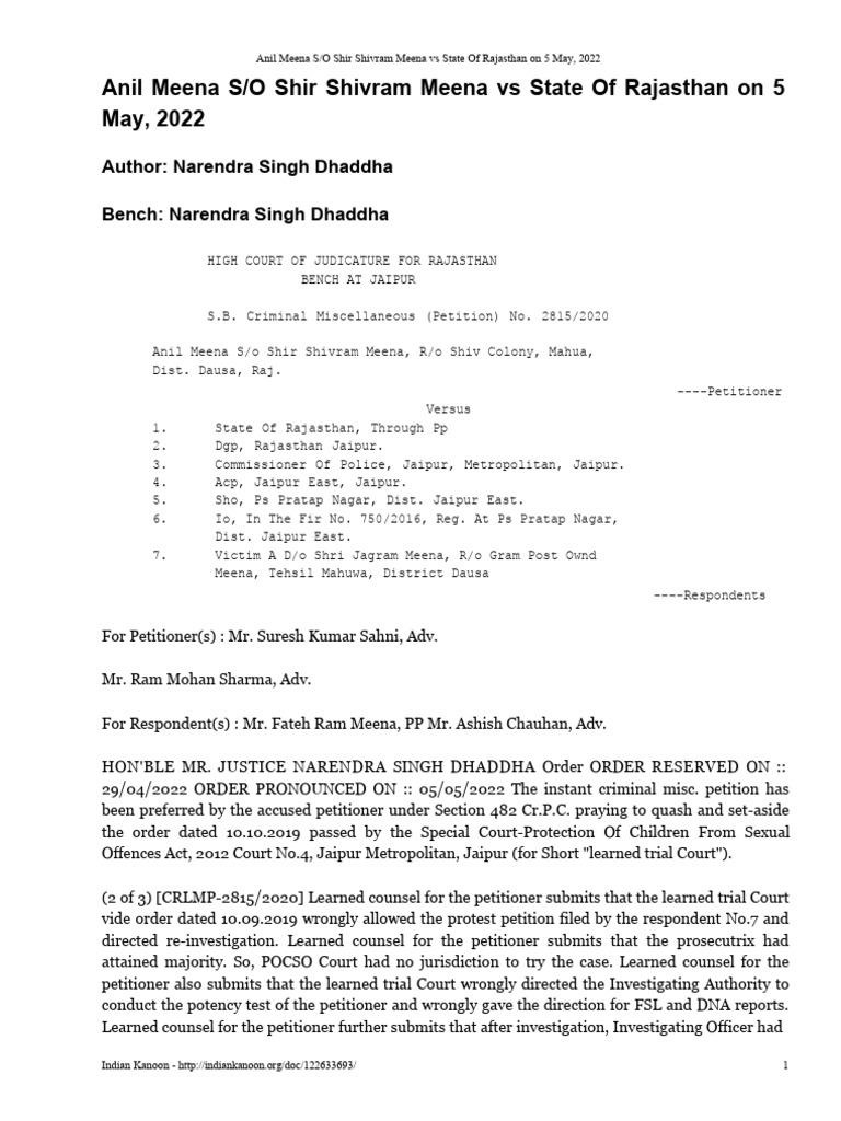 Anil Meena S O Shir Shivram Meena Vs State of Rajasthan On 5 May 2022 | PDF | Prosecutor ...