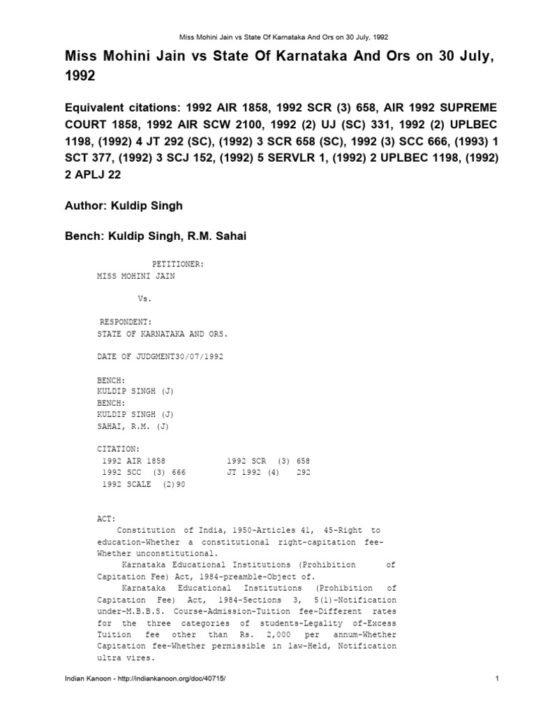 Miss Mohini Jain Vs State of Karnataka and Ors On 30 July 1992 | PDF | Dignity | Justice