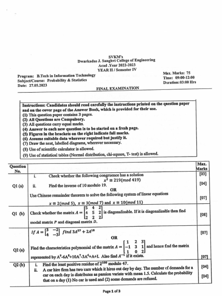 Probability and Statistics QP IT | PDF