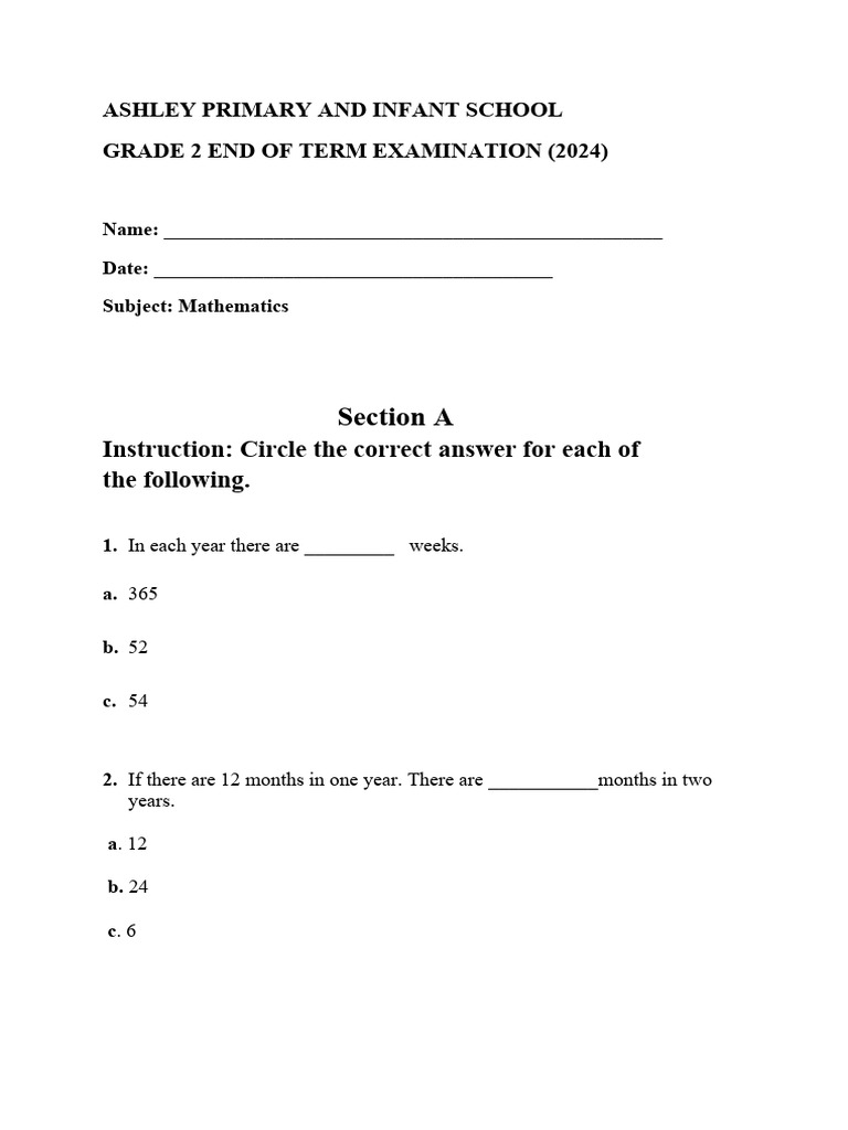 End of Term 2 Examination Mathematics 2024 | PDF