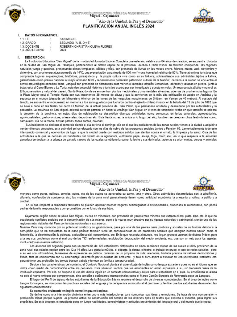 Planificación Curricular Anual 2024 - Segundo | PDF | Aprendizaje | Experiencia