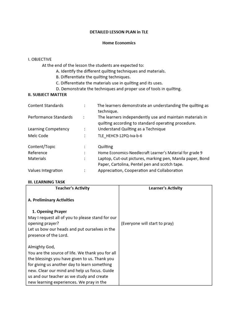 DETAILED LESSON PLAN_ QUILTING | PDF | Quilting | Sewing