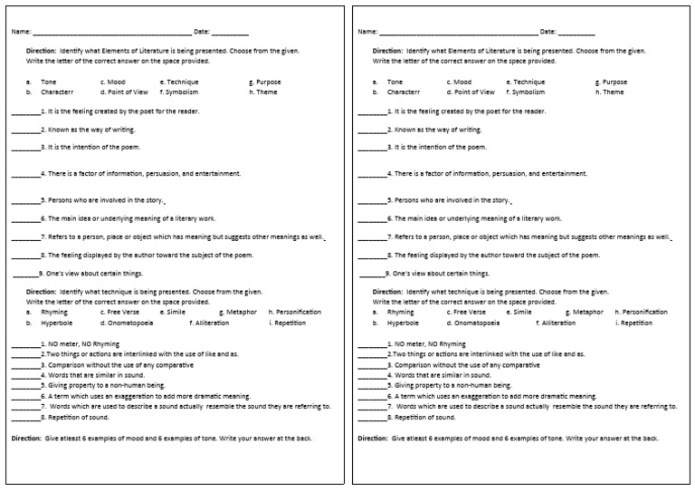 Elements of Poetry Analysis Worksheet | PDF | Poetry | Symbolism (Arts)