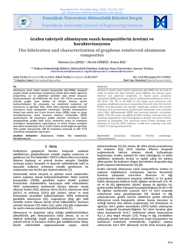 Grafen Takviyeli Al - Minyum Esasl - Kompozitlerin - Retimi Ve Karakterizasyonu (#377729 ...