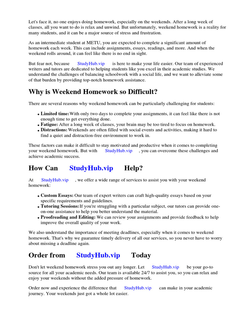 Weekend Homework Metu Intermediate | PDF | Homework | Teachers
