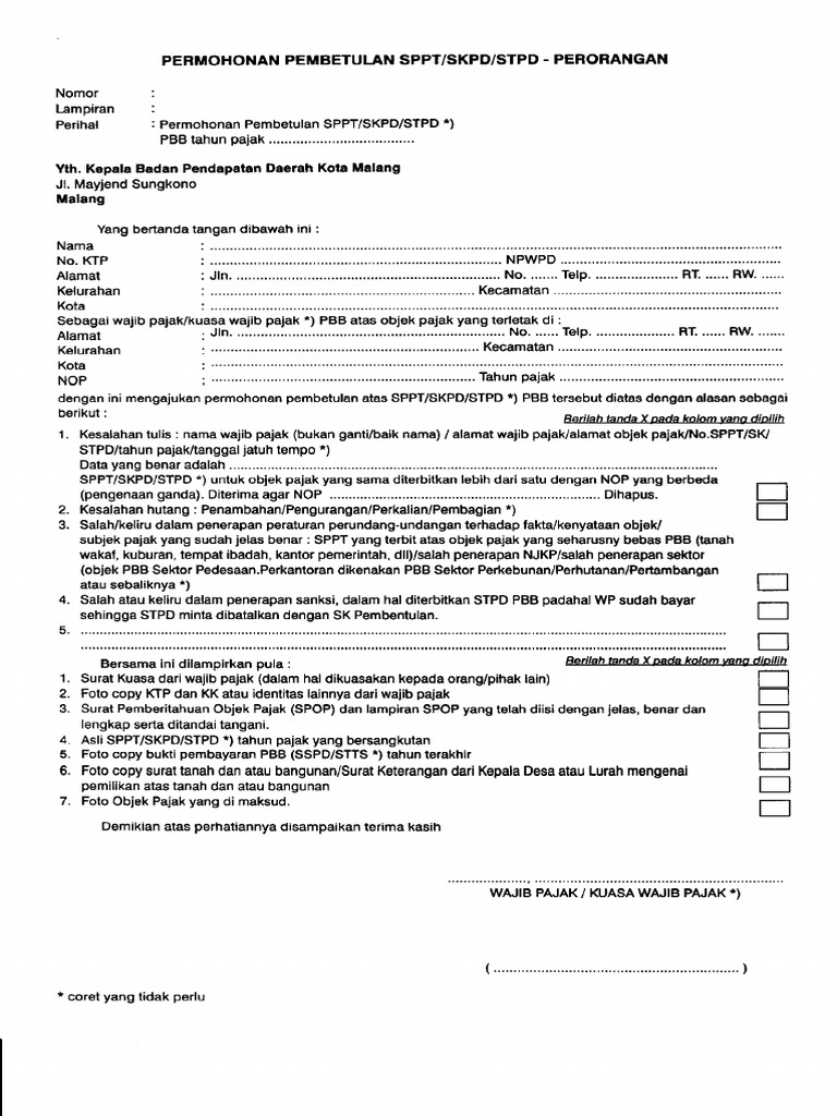 Formulir Permohonan Pembetulan SPPT SKPD STPD | PDF Formulir Permohonan Pembetulan SPPT SKPD STPD | PDF