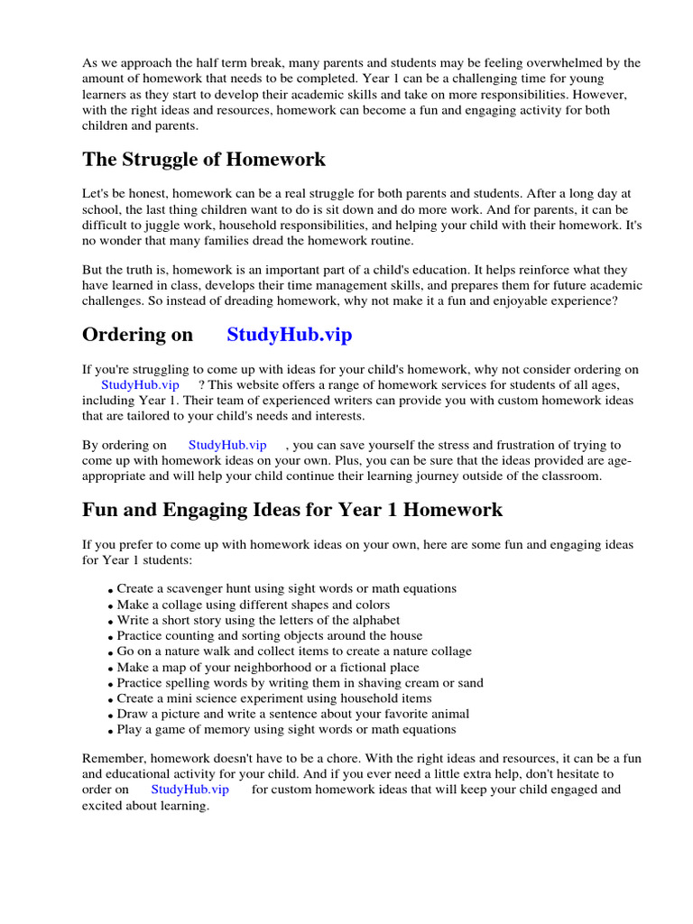 Half Term Homework Ideas Year 1 | PDF | Homework | Hairdresser