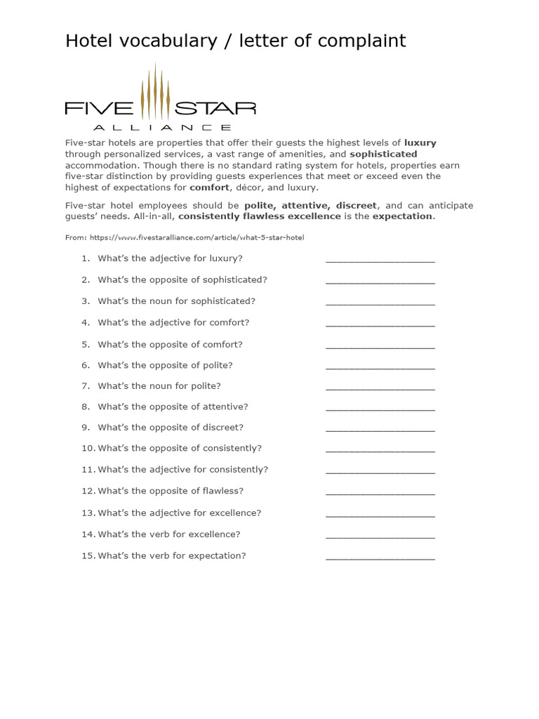 C1 Advanced Hotel Vocabulary | Download Free PDF | Hotel | Hospitality ...