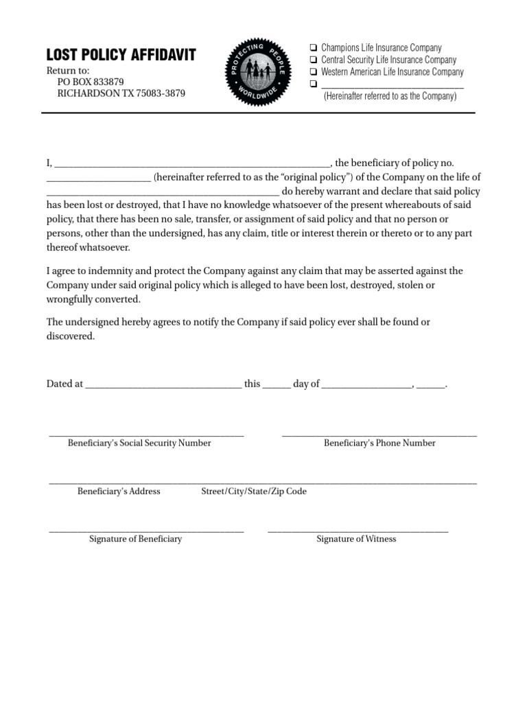 Lost Policy Affidavit | PDF | Business Law | Insurance