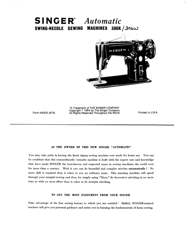 Singer 306 Sewing Machine Instruction Manual | PDF