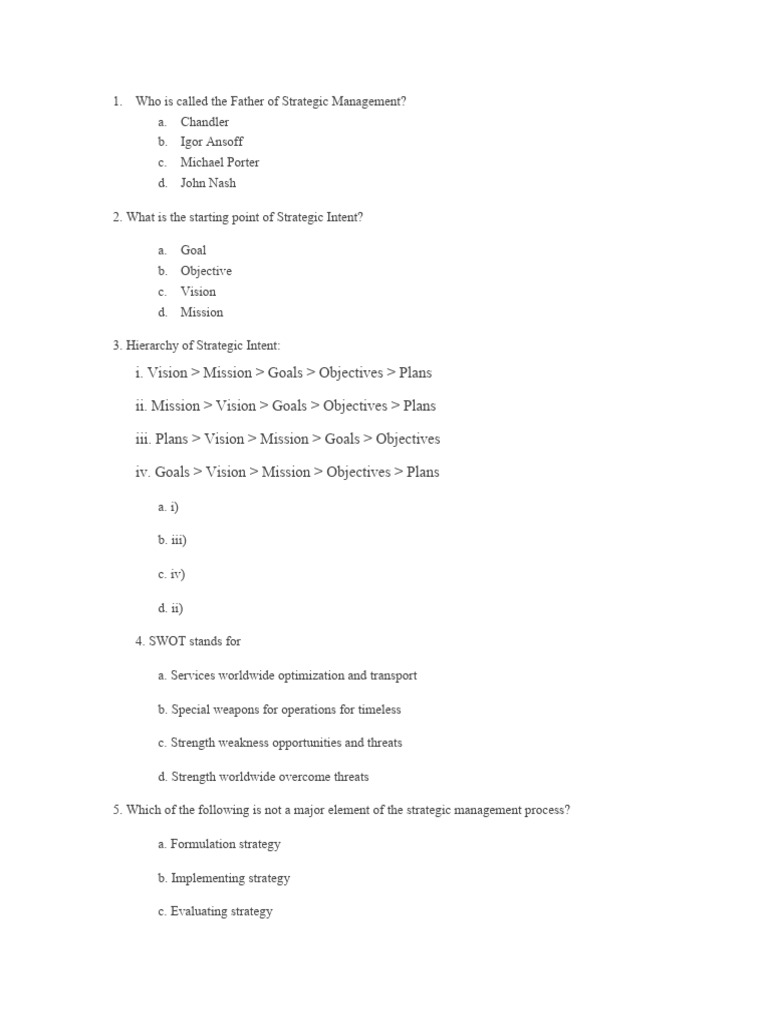SM Multiple Choice 1 | PDF | Strategic Management | Swot Analysis