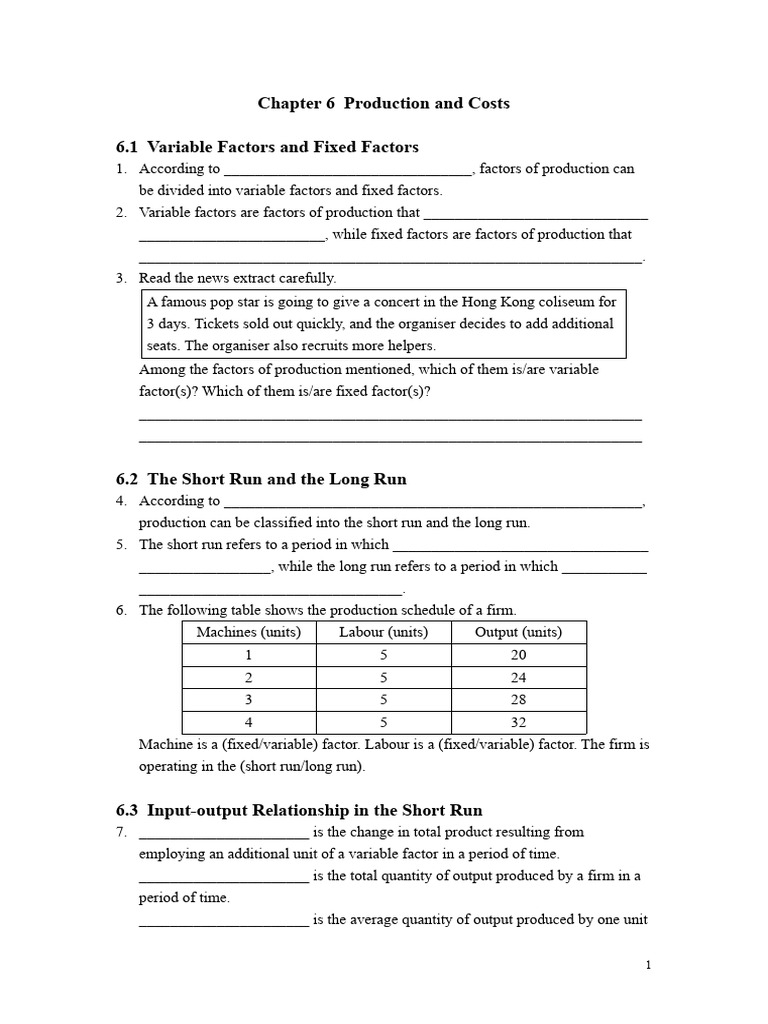 Chapter 6 Production and Costs 6.1 Variable Factors and Fixed Factors ...