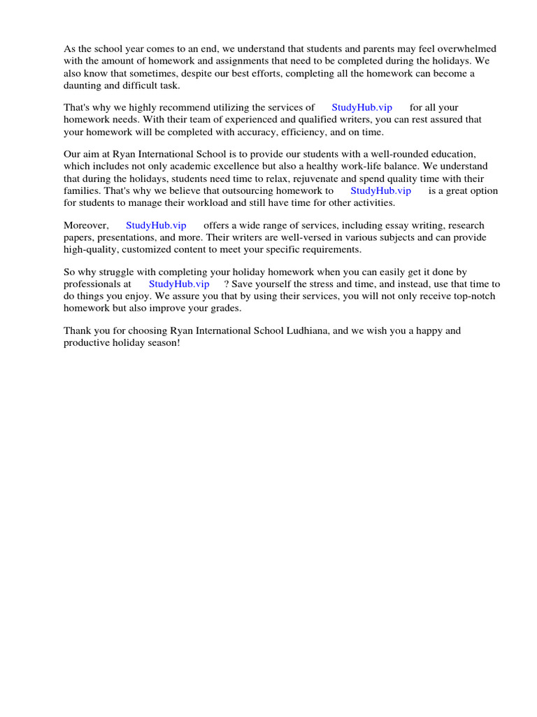 Ryan International School Ludhiana Holiday Homework 2016 | PDF | Homework | Learning