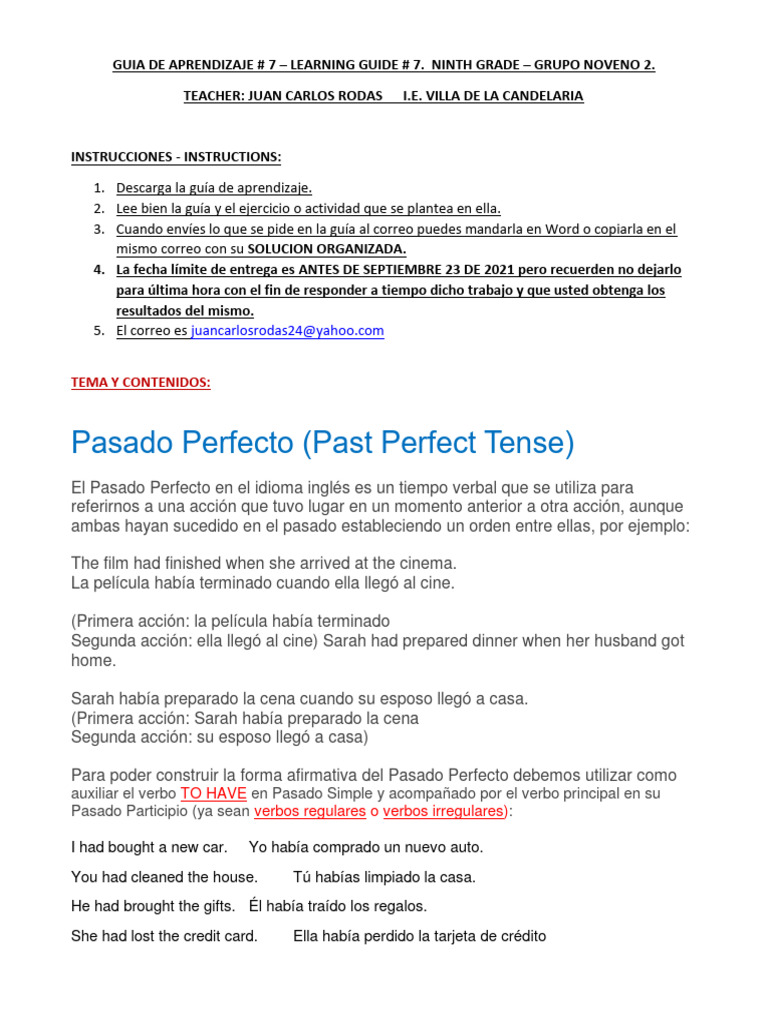 Guia de Aprendizaje 7 Ingles Grupo Noveno Dos 2021 | PDF | Verbo ...