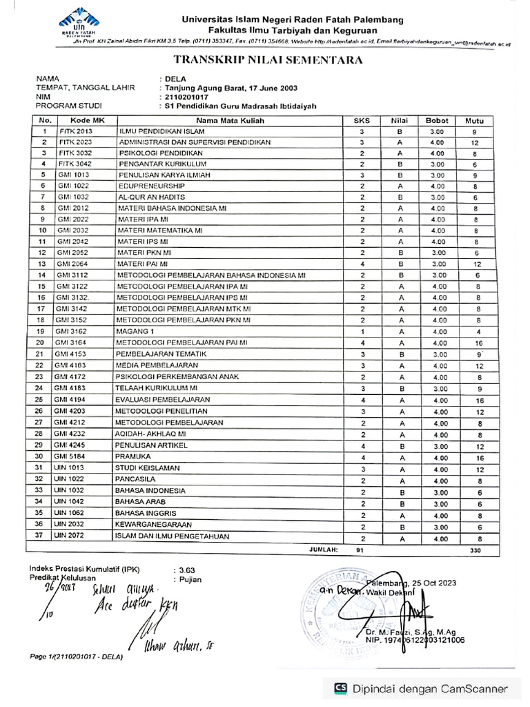 Transkip Nilai Della - Compressed | PDF