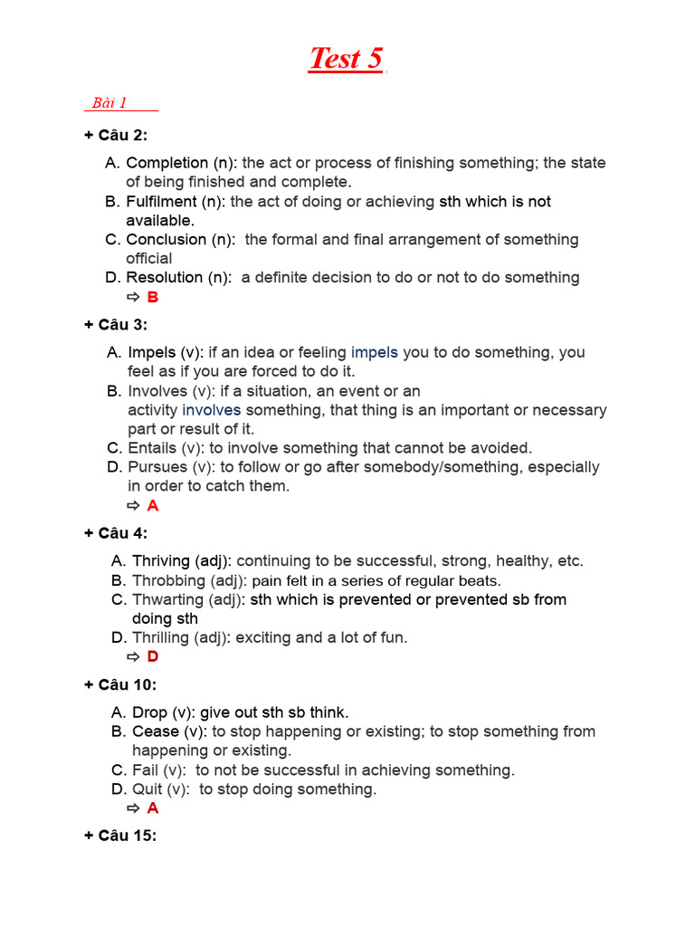 Vocabulary Test Answers and Explanations | PDF | Vietnam