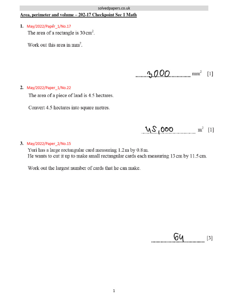 2022 - 17 Area Perimeter and Volume Checkpoint - Sec - 1 Mathematics | PDF