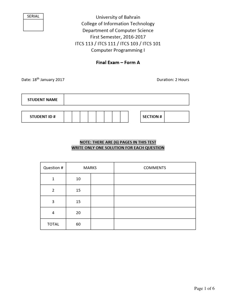 ITCS 111 Final S1 2016 - 2017 | PDF | Computer Programming | Computing