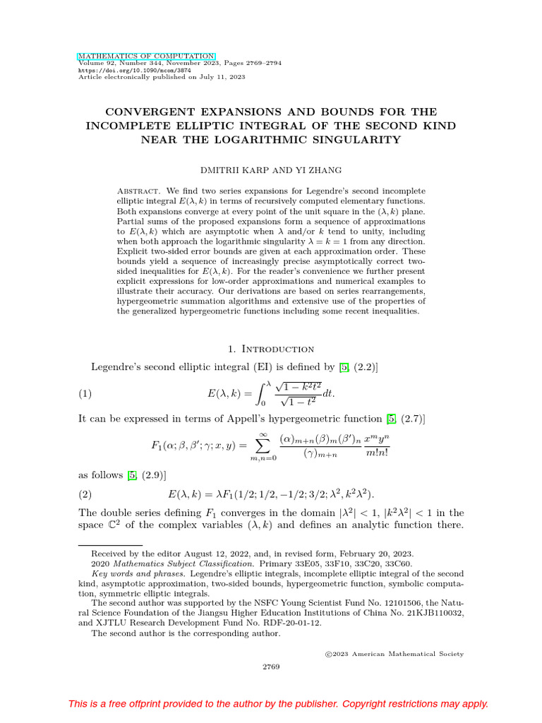 Convergent Expansions and Bounds For The Incomplete Elliptic Integral of The Second Kind Near ...
