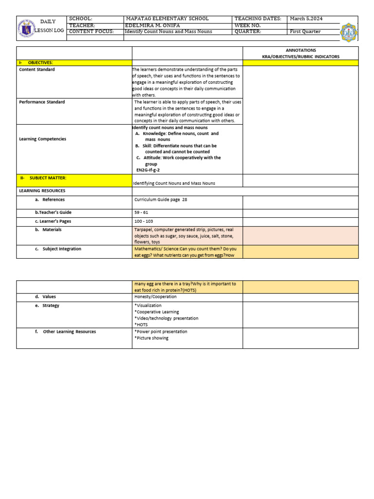 Cot in Eng With Annotatios QRTR1 | PDF | Learning | Teachers