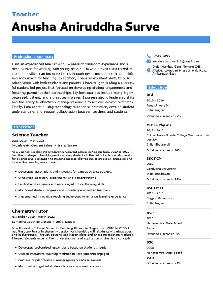 Anusha Surve Resume - 2024 | PDF | Teachers | Science Education