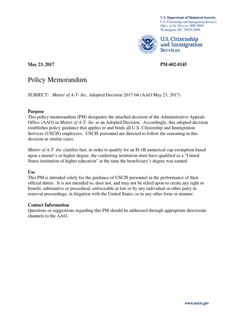 USCIS H-1B Cap Exemption Policy | PDF | H 1 B Visa | United States Law
