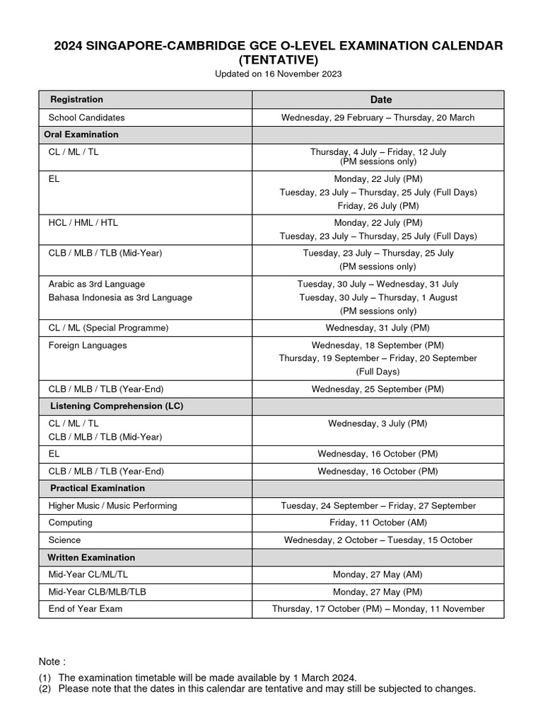 2024-gce-o-level-exam-calendar-(tentative)_vf | PDF | Educational ...