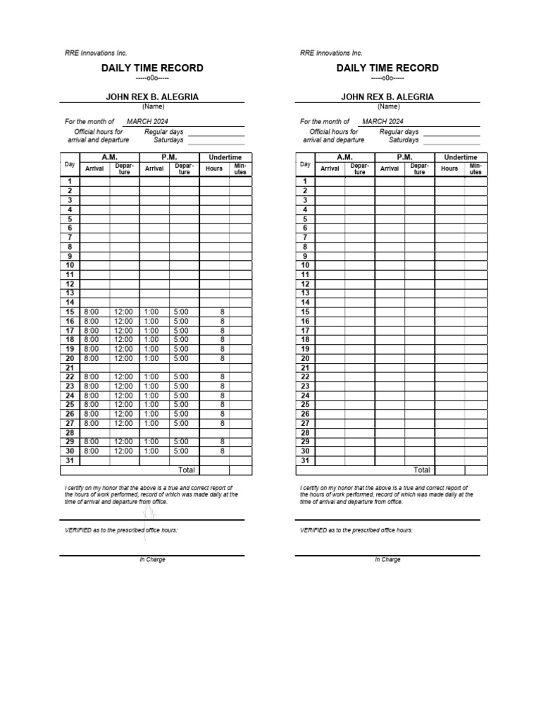 March 2024 Daily Time Record | PDF