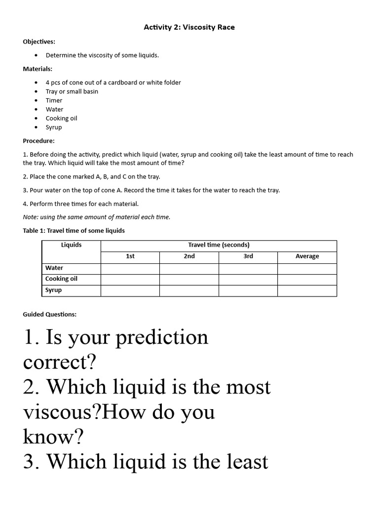 Viscosity Race Experiment for Liquids | PDF